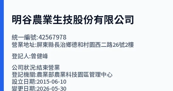 明谷農業生技股份有限公司的照片-統編 42567978(屏東縣) 公司登記資料與營業項目詳細圖表