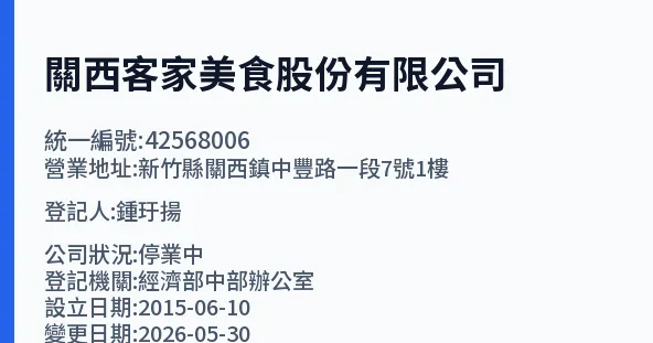 關西客家美食股份有限公司的照片-統編 42568006(新竹縣) 公司登記資料與營業項目詳細圖表