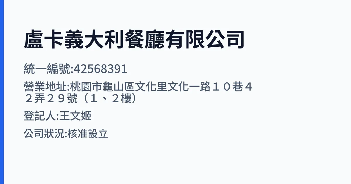 盧卡義大利餐廳有限公司 - 統編 42568391(桃園市) 公司登記資料與營業項目詳細圖表