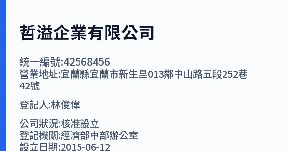 哲溢企業有限公司的照片-統編 42568456(宜蘭縣) 公司登記資料與營業項目詳細圖表