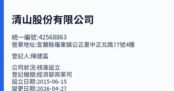 清山股份有限公司的照片-統編 42568863(宜蘭縣) 公司登記資料與營業項目詳細圖表