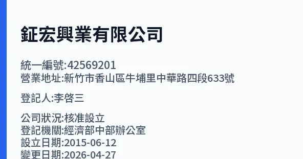 鉦宏興業有限公司的照片-統編 42569201(新竹市) 公司登記資料與營業項目詳細圖表