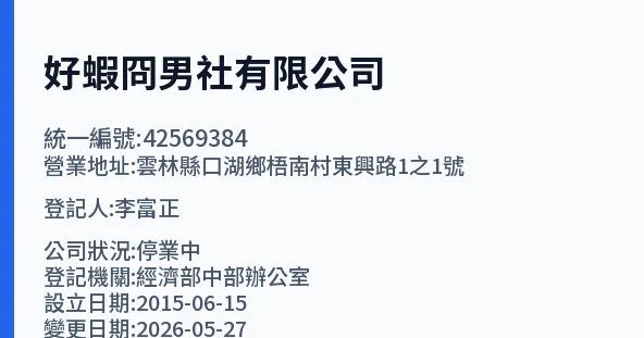 好蝦冏男社有限公司的照片-統編 42569384(雲林縣) 公司登記資料與營業項目詳細圖表