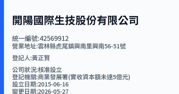 開陽國際生技股份有限公司的照片-統編 42569912(新北市) 公司登記資料與營業項目詳細圖表