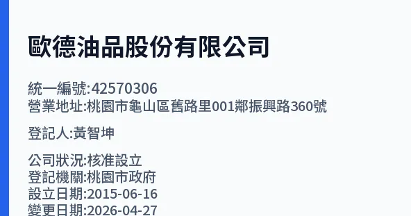 歐德油品股份有限公司的照片-統編 42570306(桃園市) 公司登記資料與營業項目詳細圖表