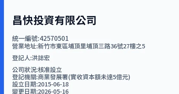 昌快投資有限公司的照片-統編 42570501(新竹市) 公司登記資料與營業項目詳細圖表