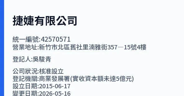 捷婕有限公司的照片-統編 42570571(新竹市) 公司登記資料與營業項目詳細圖表