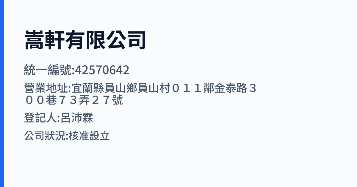 嵩軒有限公司 - 統編 42570642(宜蘭縣) 公司登記資料與營業項目詳細圖表