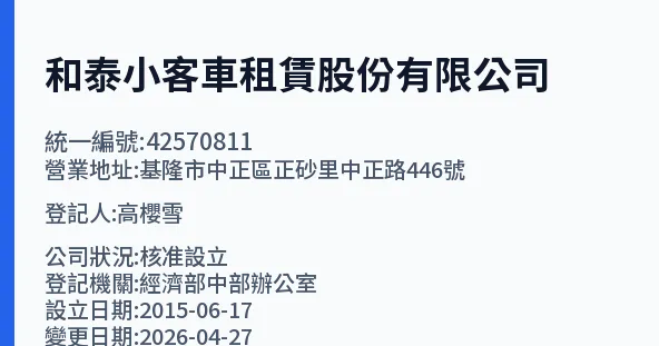 和泰小客車租賃股份有限公司的照片-統編 42570811(基隆市) 公司登記資料與營業項目詳細圖表