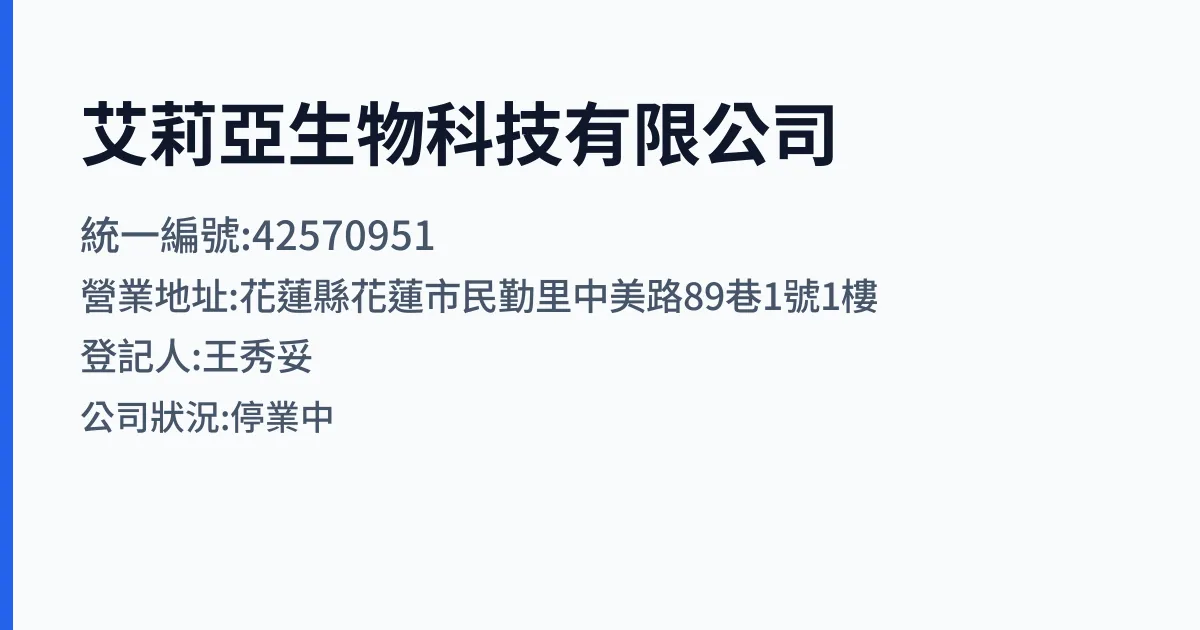 艾莉亞生物科技有限公司 - 統編 42570951(花蓮縣) 公司登記資料與營業項目詳細圖表