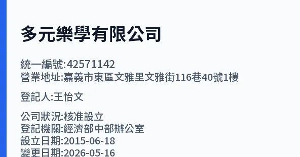 多元樂學有限公司的照片-統編 42571142(嘉義市) 公司登記資料與營業項目詳細圖表