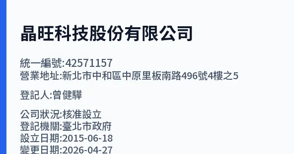 晶旺科技股份有限公司的照片-統編 42571157(新北市) 公司登記資料與營業項目詳細圖表