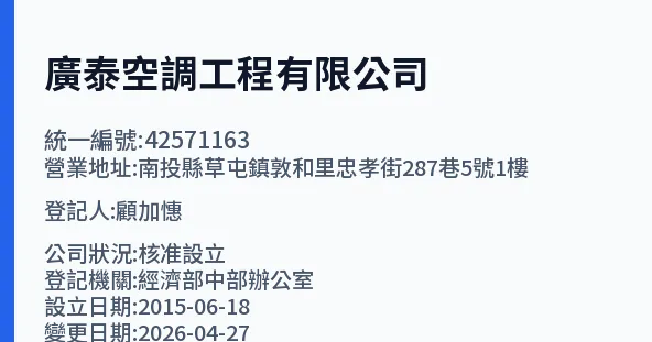 廣泰空調工程有限公司的照片-統編 42571163(南投縣) 公司登記資料與營業項目詳細圖表