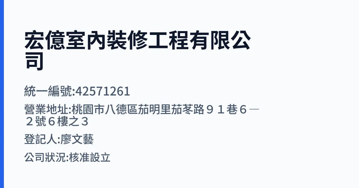 宏億室內裝修工程有限公司 - 統編 42571261(桃園市) 公司登記資料與營業項目詳細圖表