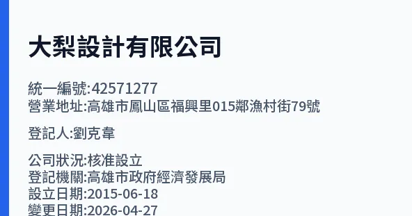 大梨設計有限公司的照片-統編 42571277(高雄市) 公司登記資料與營業項目詳細圖表