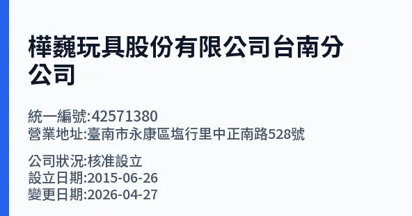 樺巍玩具股份有限公司台南分公司的照片-統編 42571380(臺南市) 公司登記資料與營業項目詳細圖表