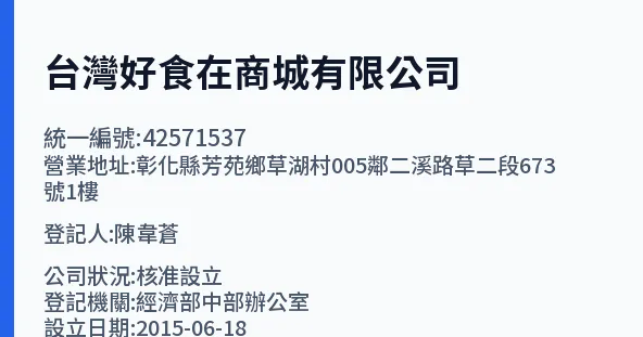 台灣好食在商城有限公司的照片-統編 42571537(彰化縣) 公司登記資料與營業項目詳細圖表