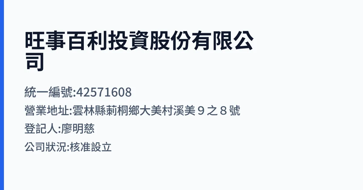 旺事百利投資股份有限公司 - 統編 42571608(雲林縣) 公司登記資料與營業項目詳細圖表