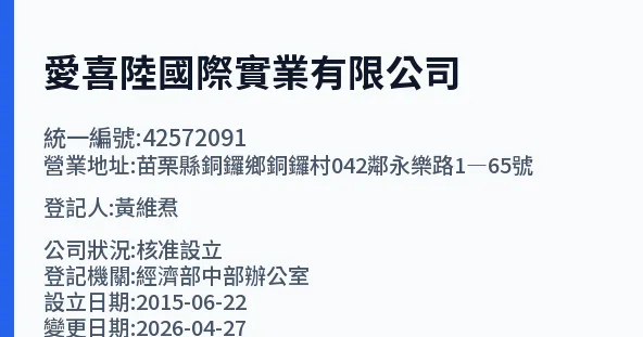 愛喜陸國際實業有限公司的照片-統編 42572091(苗栗縣) 公司登記資料與營業項目詳細圖表