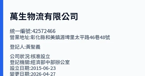 萬生物流有限公司的照片-統編 42572466(彰化縣) 公司登記資料與營業項目詳細圖表
