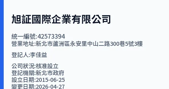 旭証國際企業有限公司的照片-統編 42573394(新北市) 公司登記資料與營業項目詳細圖表