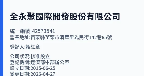 全永聚國際開發股份有限公司的照片-統編 42573541(苗栗縣) 公司登記資料與營業項目詳細圖表