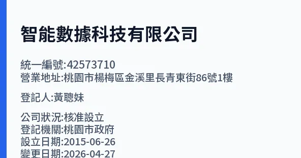 智能數據科技有限公司的照片-統編 42573710(桃園市) 公司登記資料與營業項目詳細圖表
