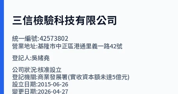 三信檢驗科技有限公司的照片-統編 42573802(基隆市) 公司登記資料與營業項目詳細圖表