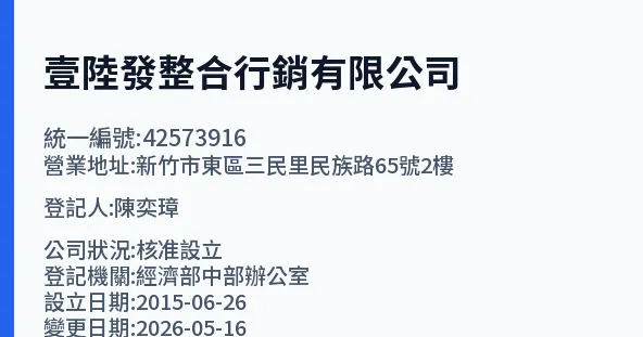 壹陸發整合行銷有限公司的照片-統編 42573916(新竹市) 公司登記資料與營業項目詳細圖表