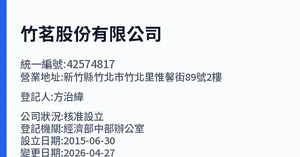 竹茗股份有限公司的照片-統編 42574817(新竹縣) 公司登記資料與營業項目詳細圖表