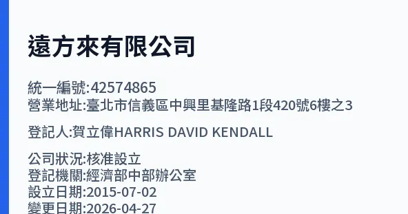 遠方來有限公司的照片-統編 42574865(臺北市) 公司登記資料與營業項目詳細圖表
