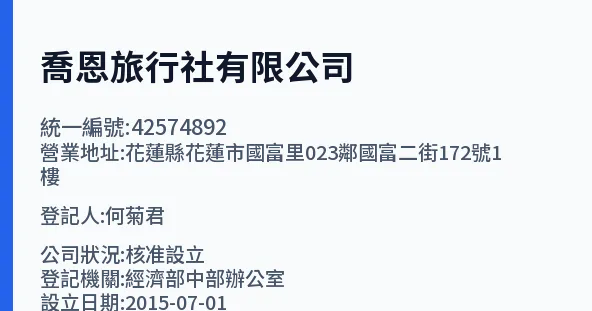 喬恩旅行社有限公司的照片-統編 42574892(花蓮縣) 公司登記資料與營業項目詳細圖表