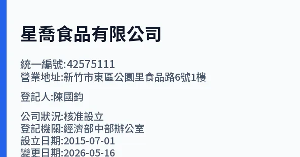 星喬食品有限公司的照片-統編 42575111(新竹市) 公司登記資料與營業項目詳細圖表