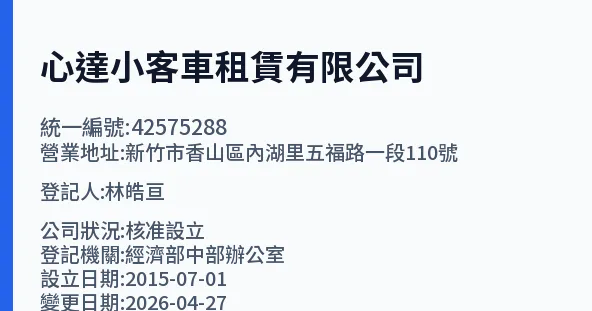 心達小客車租賃有限公司的照片-統編 42575288(新竹市) 公司登記資料與營業項目詳細圖表