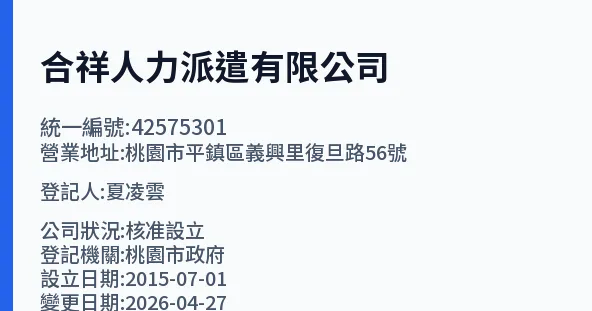 合祥人力派遣有限公司的照片-統編 42575301(桃園市) 公司登記資料與營業項目詳細圖表