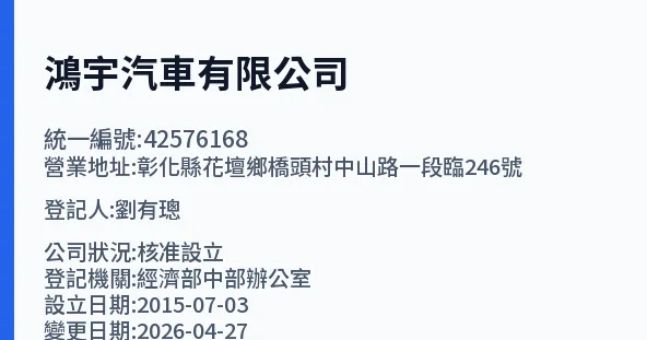 鴻宇汽車有限公司的照片-統編 42576168(彰化縣) 公司登記資料與營業項目詳細圖表