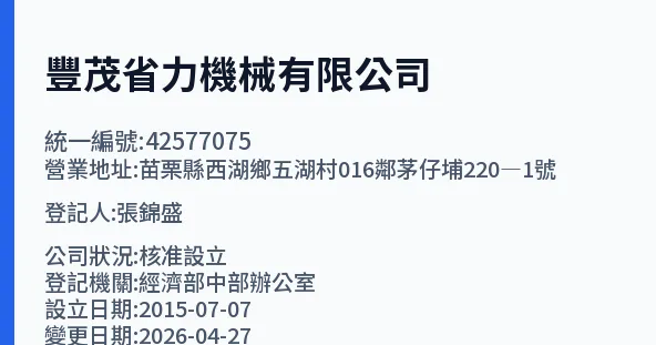 豐茂省力機械有限公司的照片-統編 42577075(苗栗縣) 公司登記資料與營業項目詳細圖表