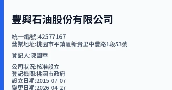 豐興石油股份有限公司的照片-統編 42577167(桃園市) 公司登記資料與營業項目詳細圖表