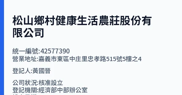 松山鄉村健康生活農莊股份有限公司的照片-統編 42577390(嘉義市) 公司登記資料與營業項目詳細圖表