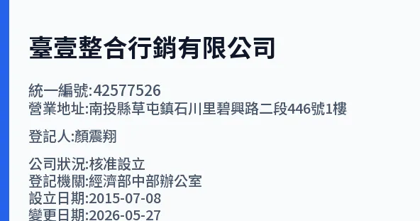 臺壹整合行銷有限公司的照片-統編 42577526(南投縣) 公司登記資料與營業項目詳細圖表