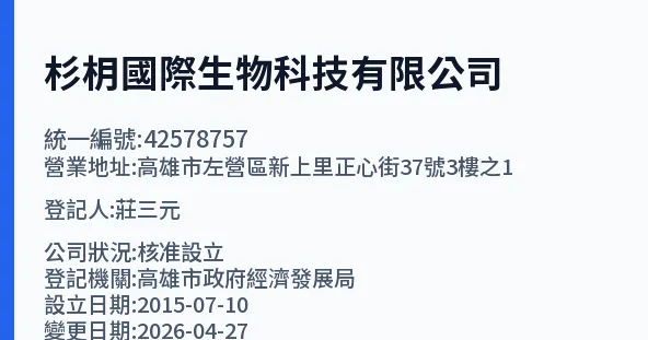 杉枂國際生物科技有限公司的照片-統編 42578757(高雄市) 公司登記資料與營業項目詳細圖表