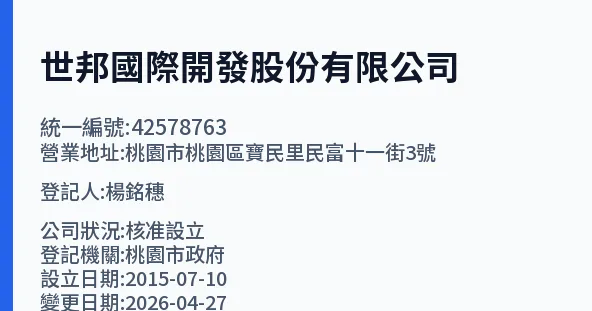 世邦國際開發股份有限公司的照片-統編 42578763(桃園市) 公司登記資料與營業項目詳細圖表