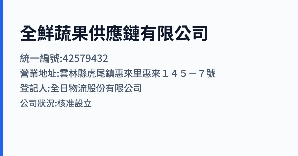 全鮮蔬果供應鏈有限公司 - 統編 42579432 (雲林縣) 公司登記資料與營業項目詳細圖表