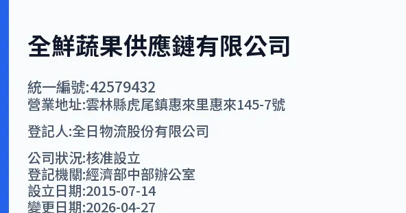 全鮮蔬果供應鏈有限公司的照片-統編 42579432(雲林縣) 公司登記資料與營業項目詳細圖表
