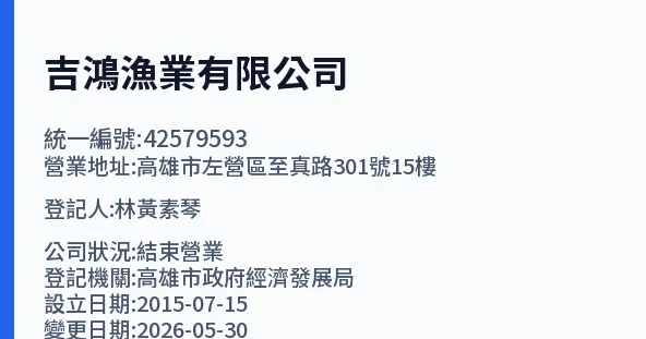 吉鴻漁業有限公司的照片-統編 42579593(高雄市) 公司登記資料與營業項目詳細圖表