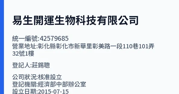 易生開運生物科技有限公司的照片-統編 42579685(彰化縣) 公司登記資料與營業項目詳細圖表