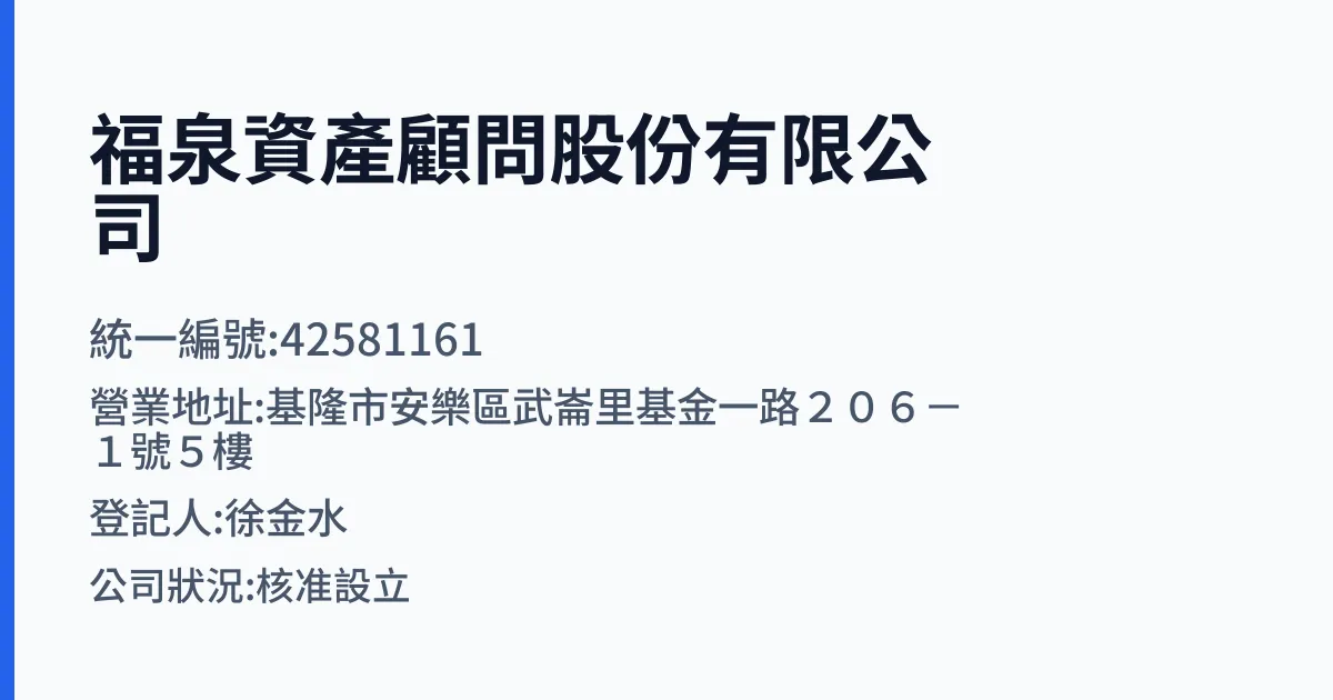 福泉資產顧問股份有限公司 - 統編 42581161(基隆市) 公司登記資料與營業項目詳細圖表