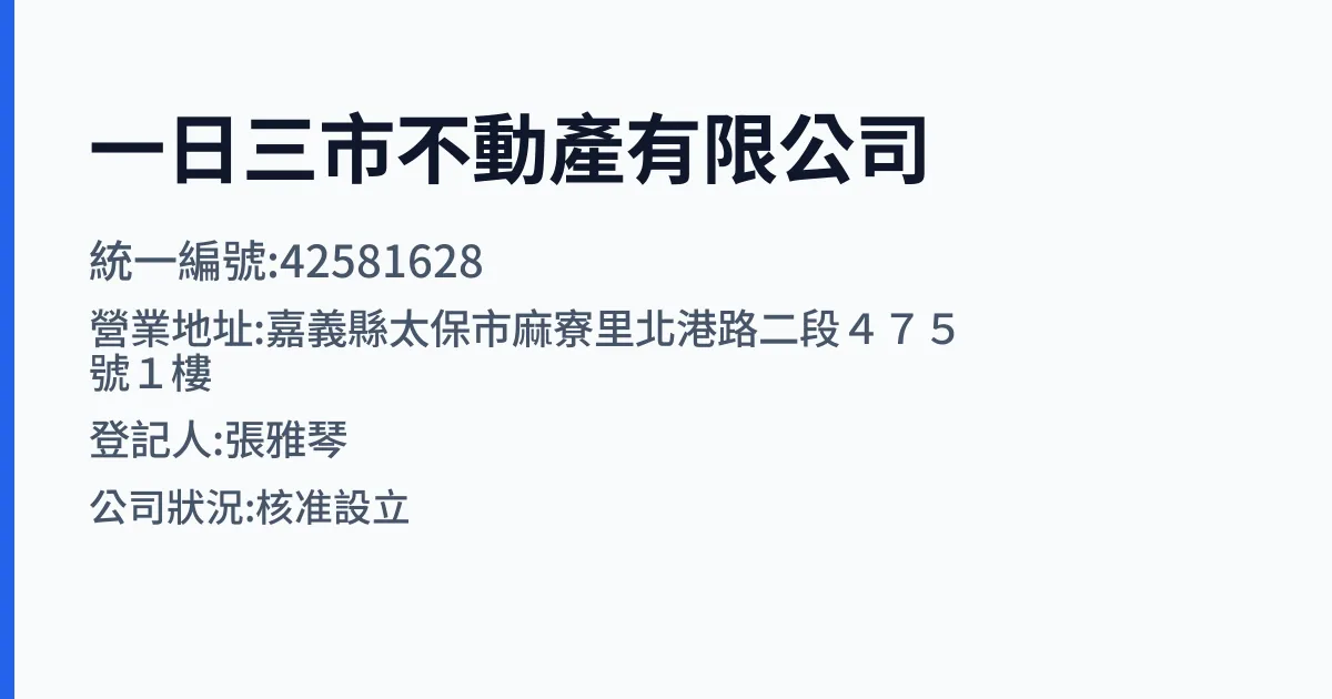 一日三市不動產有限公司 - 統編 42581628(嘉義縣) 公司登記資料與營業項目詳細圖表