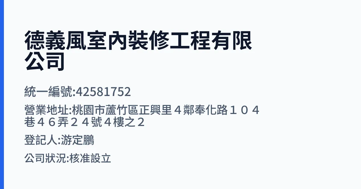 德義風室內裝修工程有限公司 - 統編 42581752(桃園市) 公司登記資料與營業項目詳細圖表