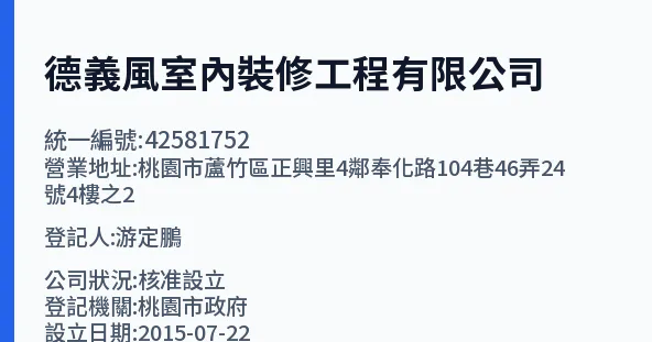 德義風室內裝修工程有限公司的照片-統編 42581752(桃園市) 公司登記資料與營業項目詳細圖表